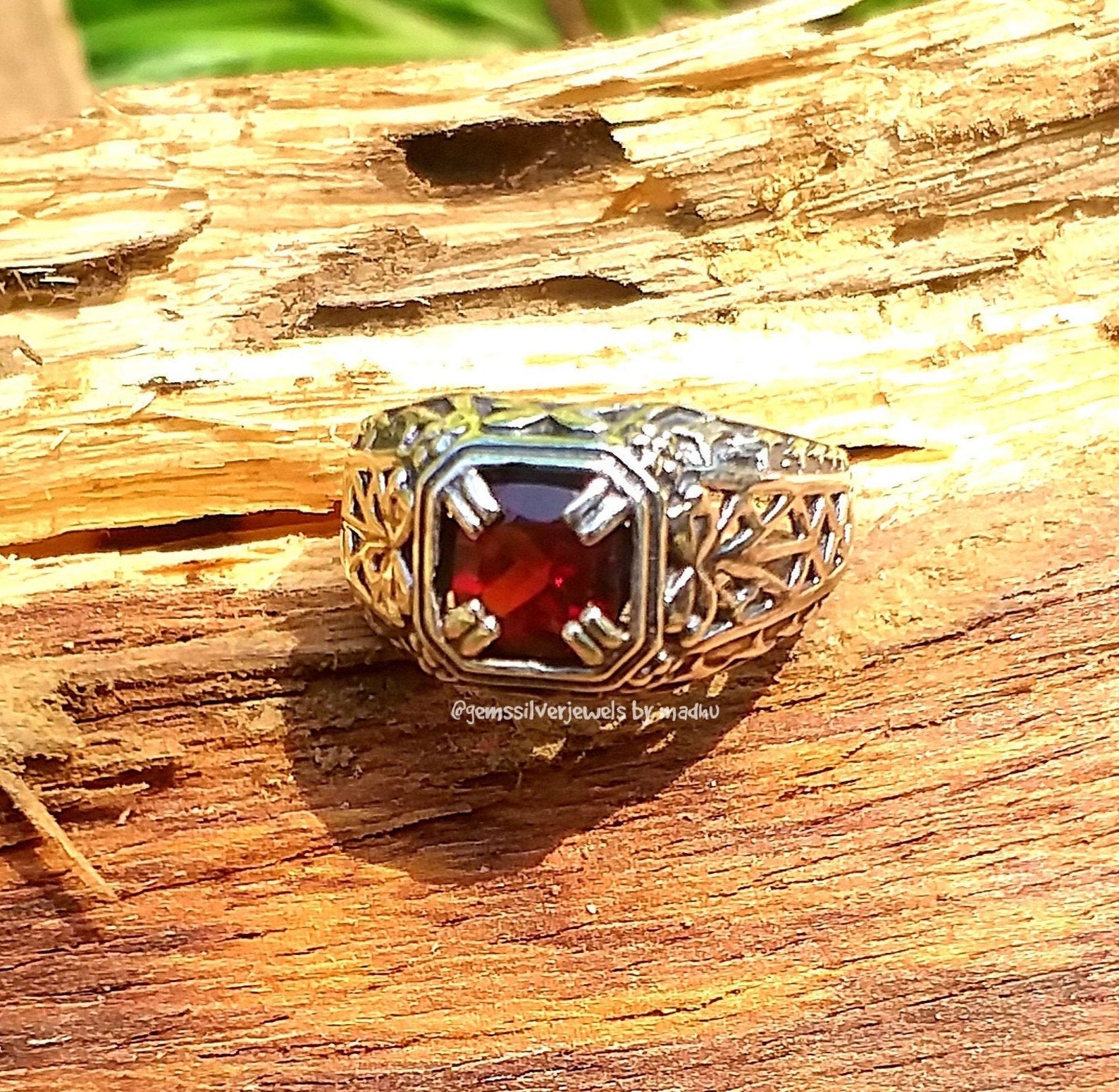 Red Garnet Ring 92.5% Silver Ring Designer Ring Wide Band - Etsy India
