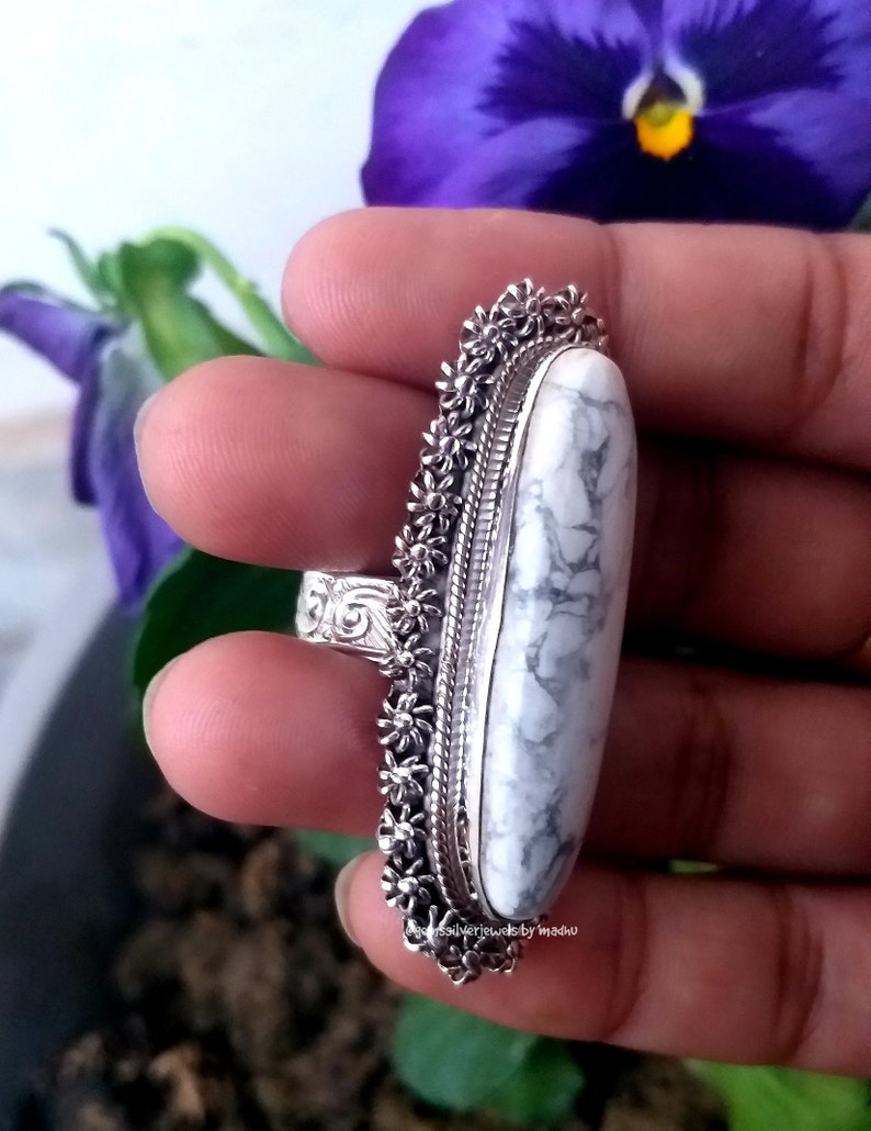 Howlite Ring Long Ring 92.5% Silver Ring Boho Statements | Etsy India