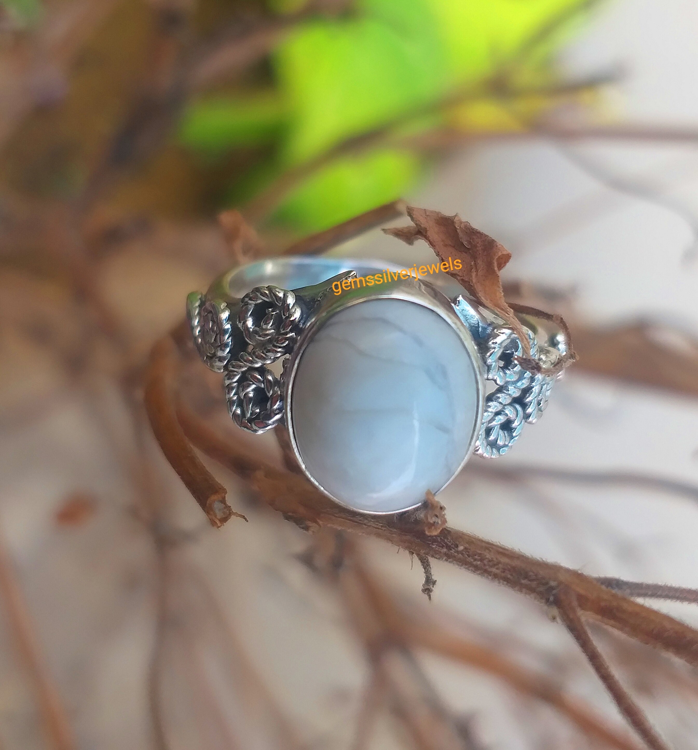 White Howlite Ring 925 Sterling Silver Oval stone Ring | Etsy