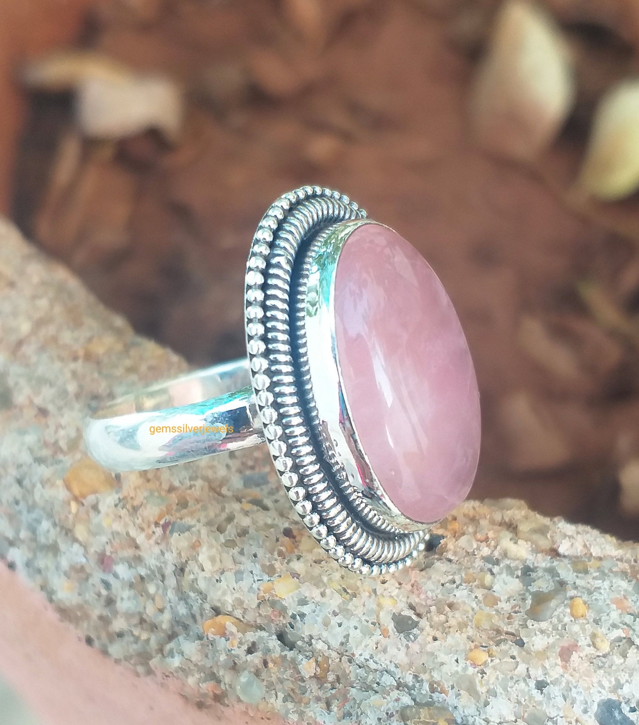 Natural Rose Quartz Ring 92.5% Silver Ring Big Oval stone | Etsy