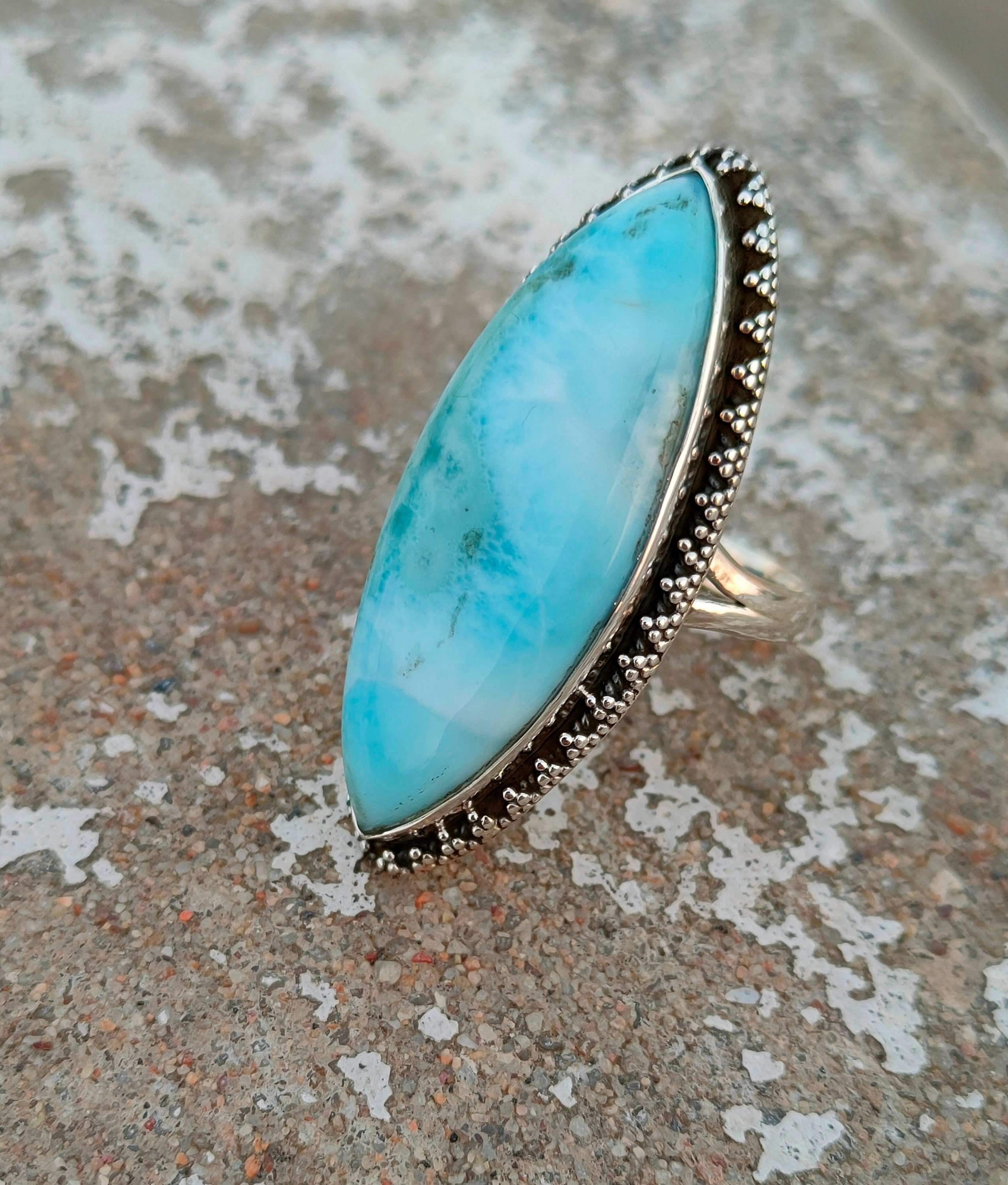 Dominican Larimar Ring 925 Sterling Silver Ring Big Marquis | Etsy