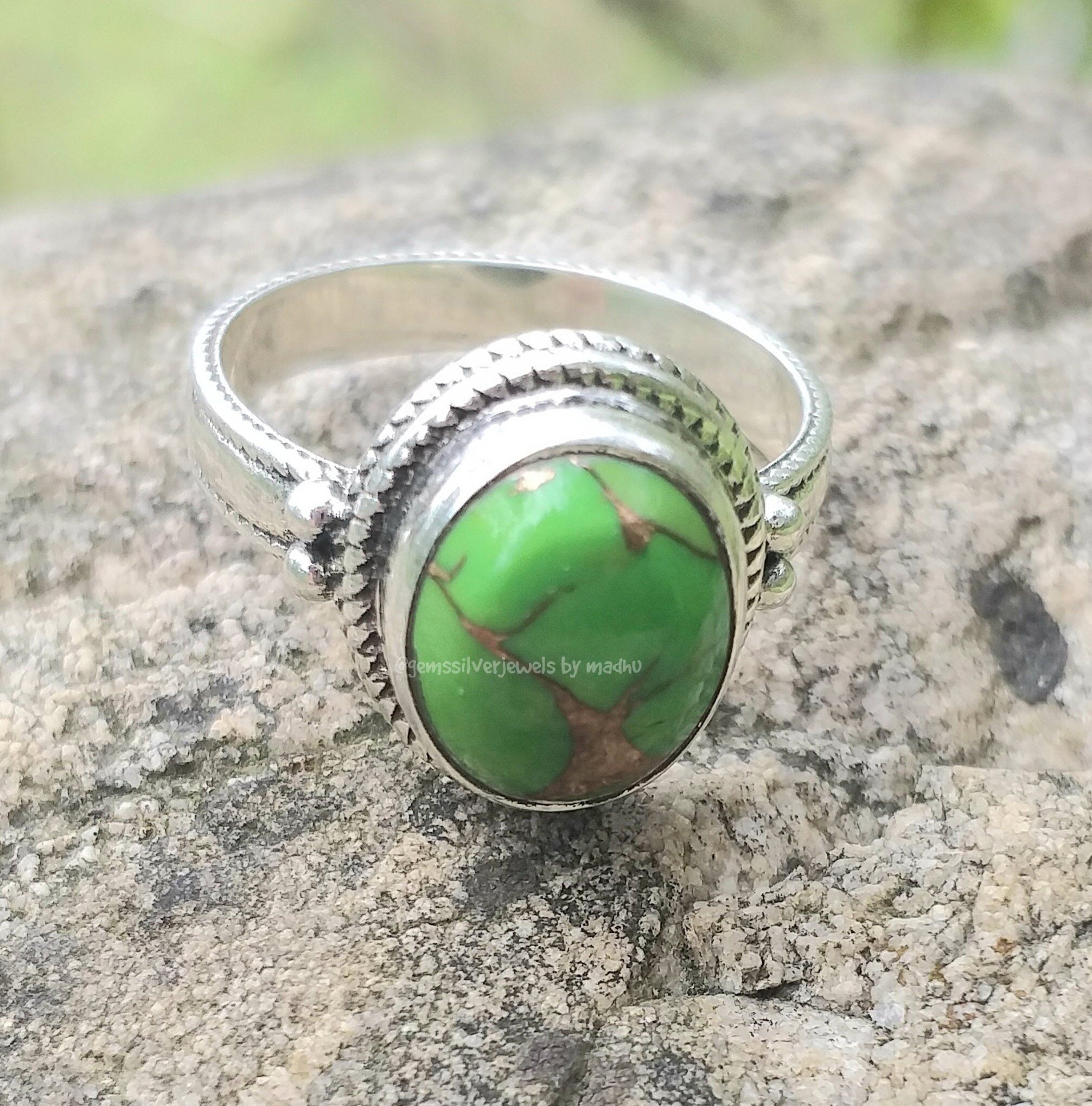Green Turquoise Ring 92.5% Silver ring Green Stone ring | Etsy