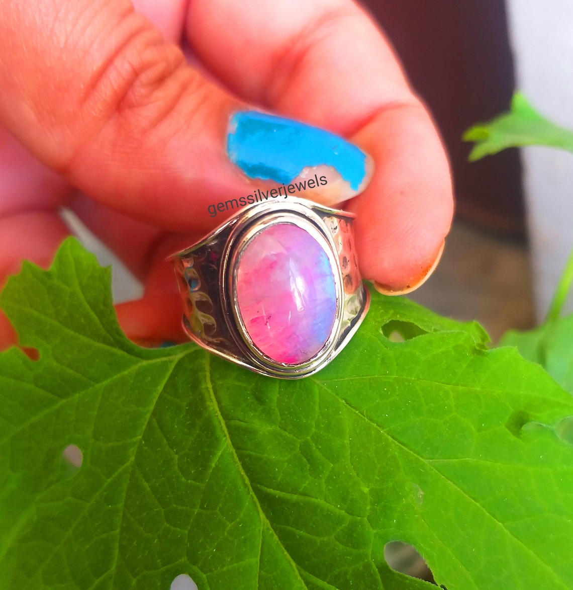 Pink Moonstone Ring 92.5% Silver Ring Hammered Silver ring | Etsy