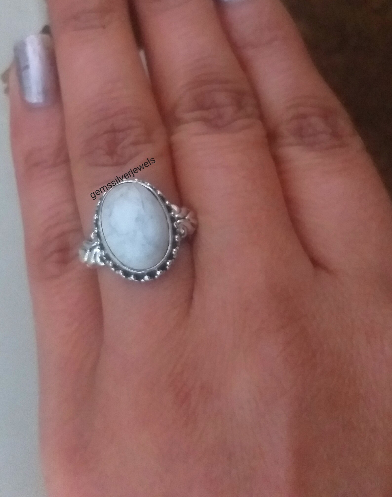 White Howlite Ring 925 Sterling Silver Oval Stone Ring - Etsy