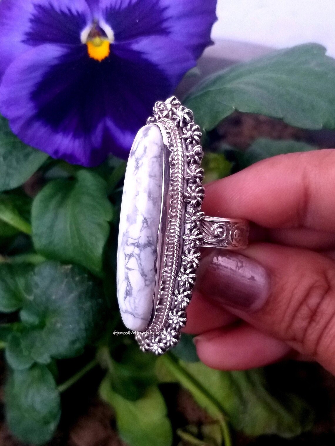 Howlite Ring Long Ring 92.5% Silver Ring Boho Statements | Etsy India