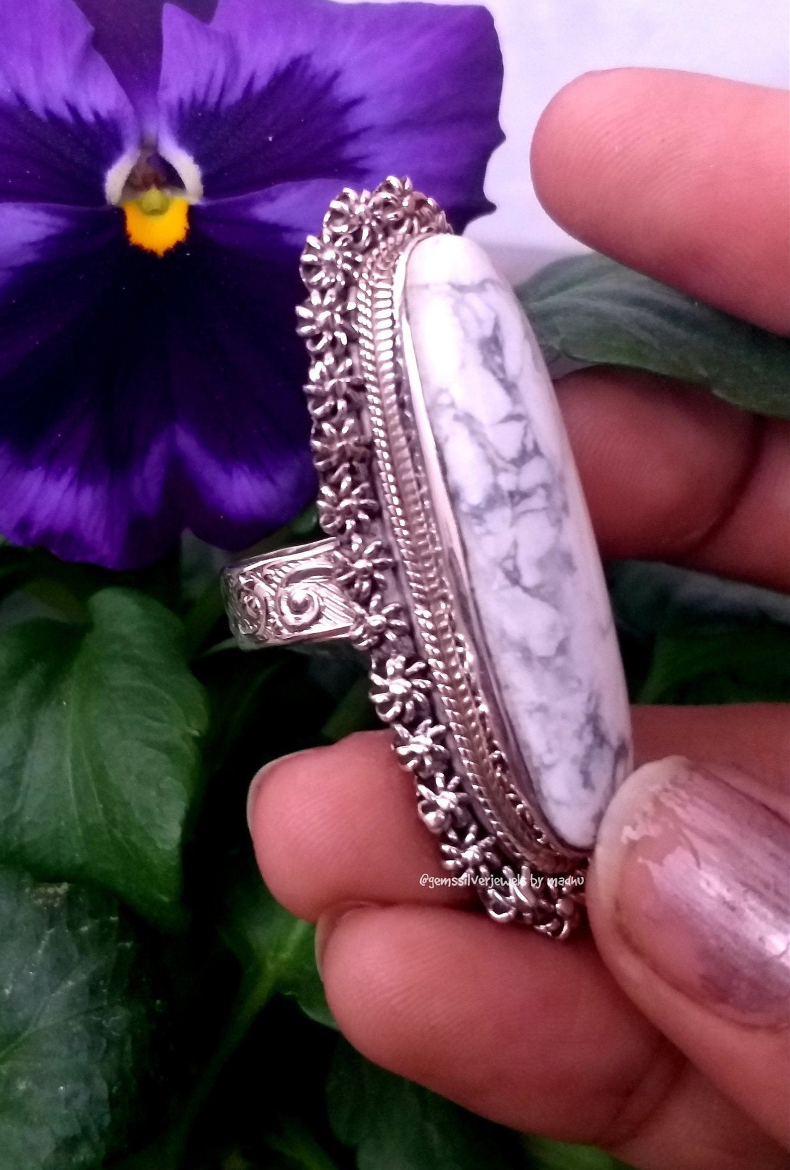 Howlite Ring Long Ring 92.5% Silver Ring Boho Statements | Etsy India