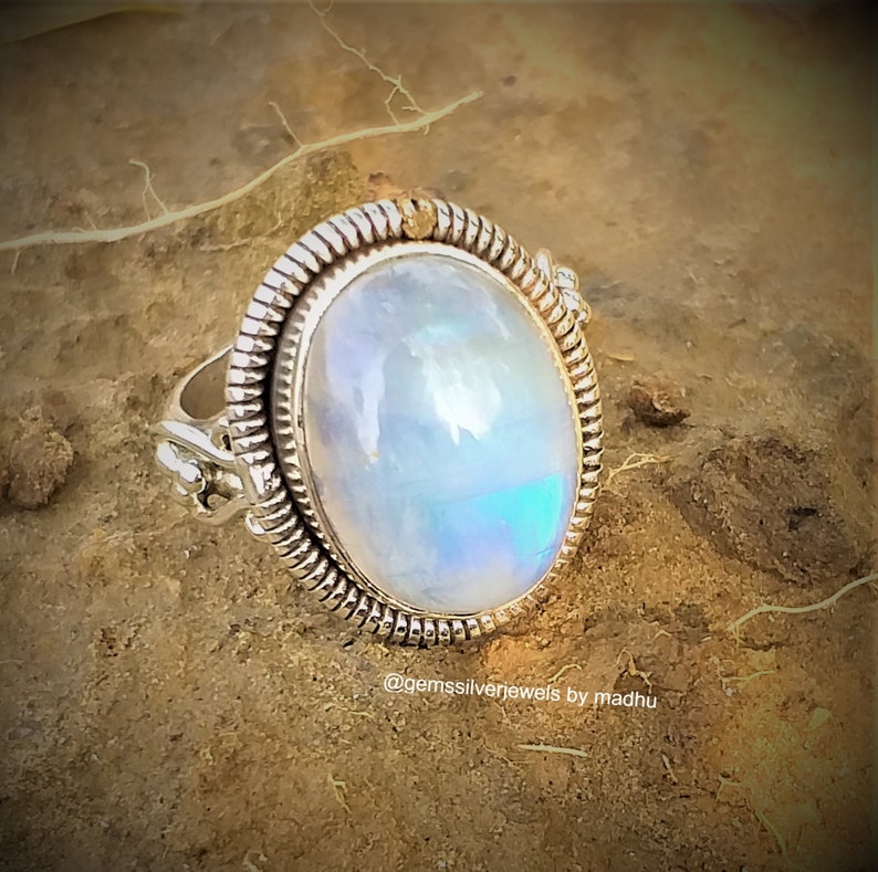 Boho Moonstone Ring 925 Solid Silver Ring Blue Fire Stone - Etsy