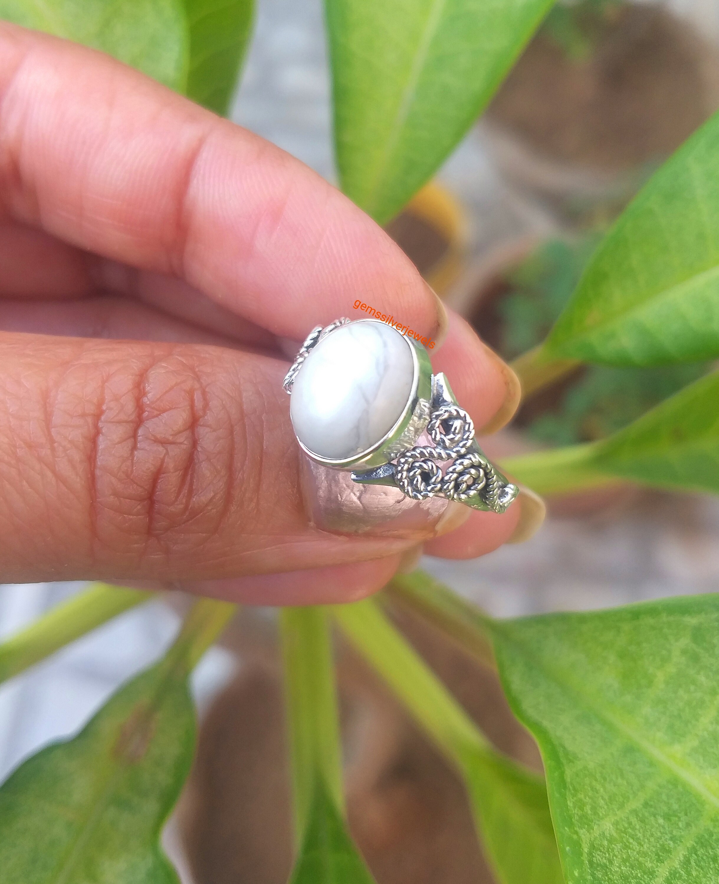 White Howlite Ring 925 Sterling Silver Oval stone Ring | Etsy