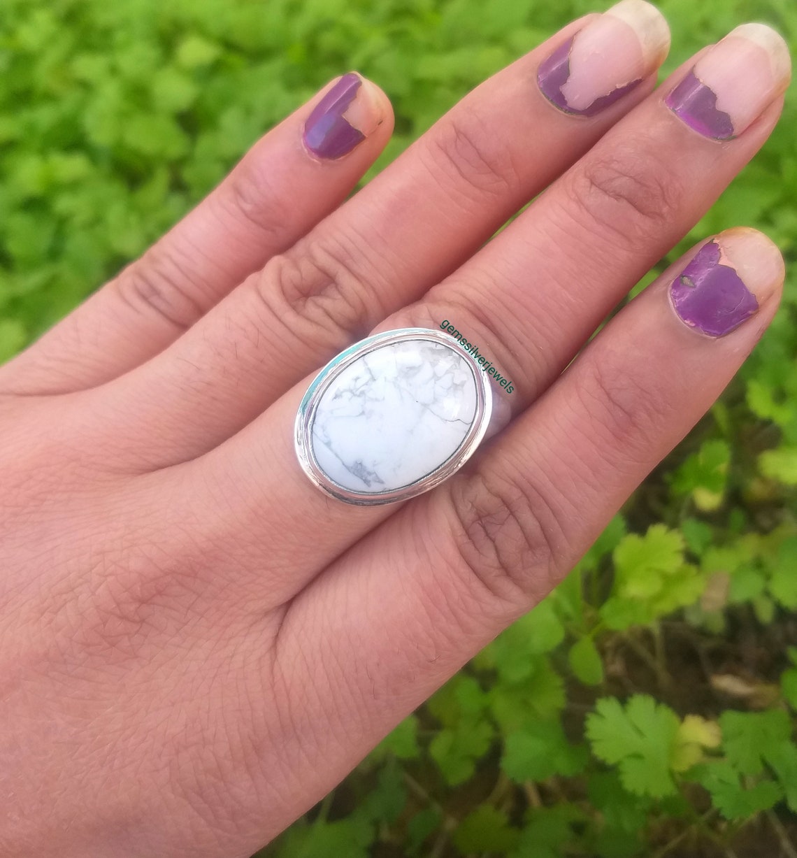 White Howlite Ring 92.5% Silver ringBig Oval stone Ring | Etsy