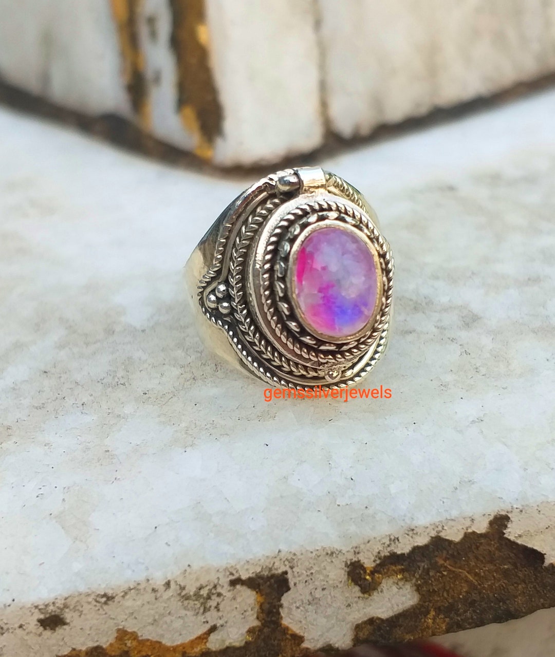 Buy Pink Moonstone Pill Box Ring, Natural Rainbow Moonstone Poison Box ...