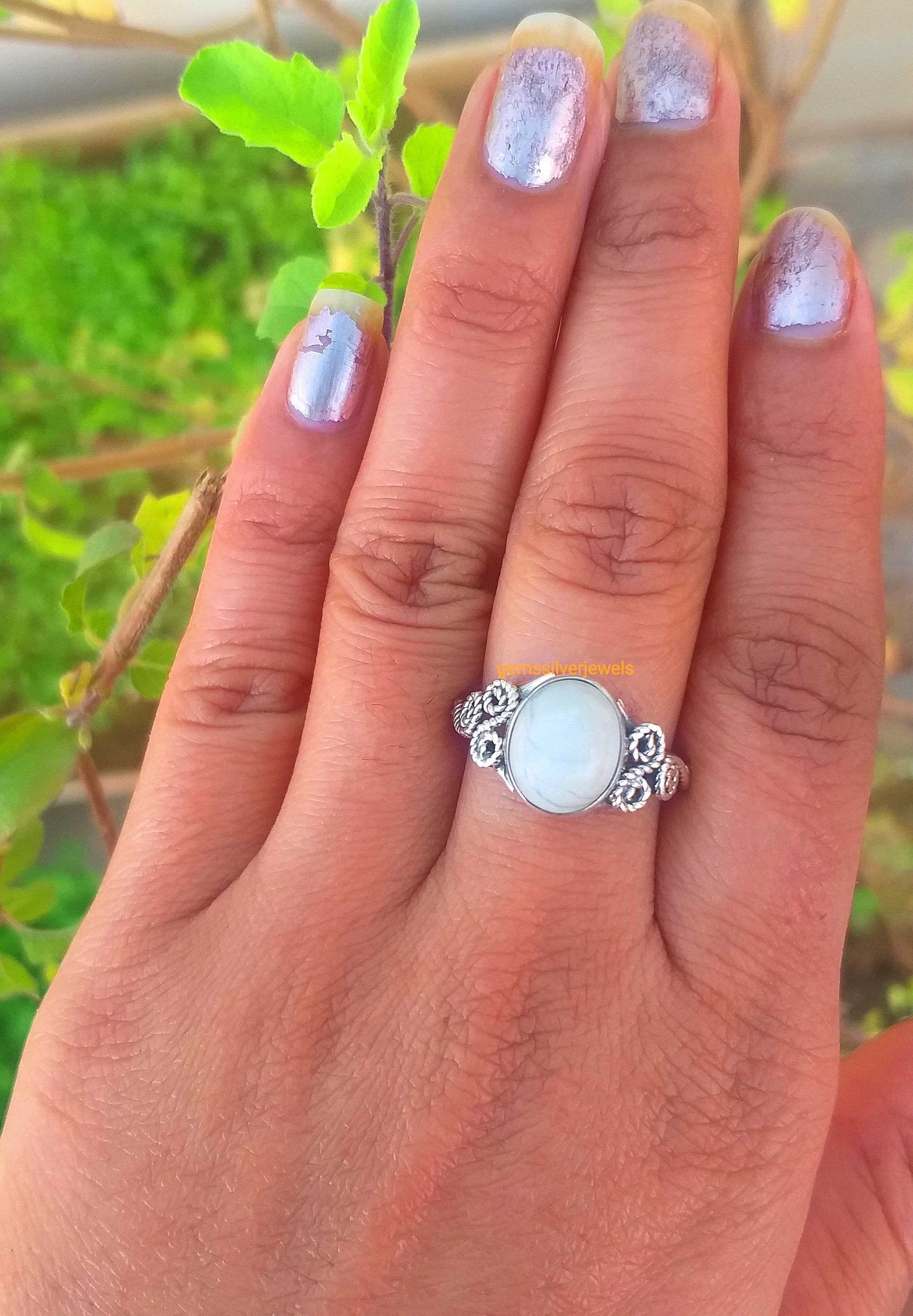 White Howlite Ring 925 Sterling Silver Oval stone Ring | Etsy