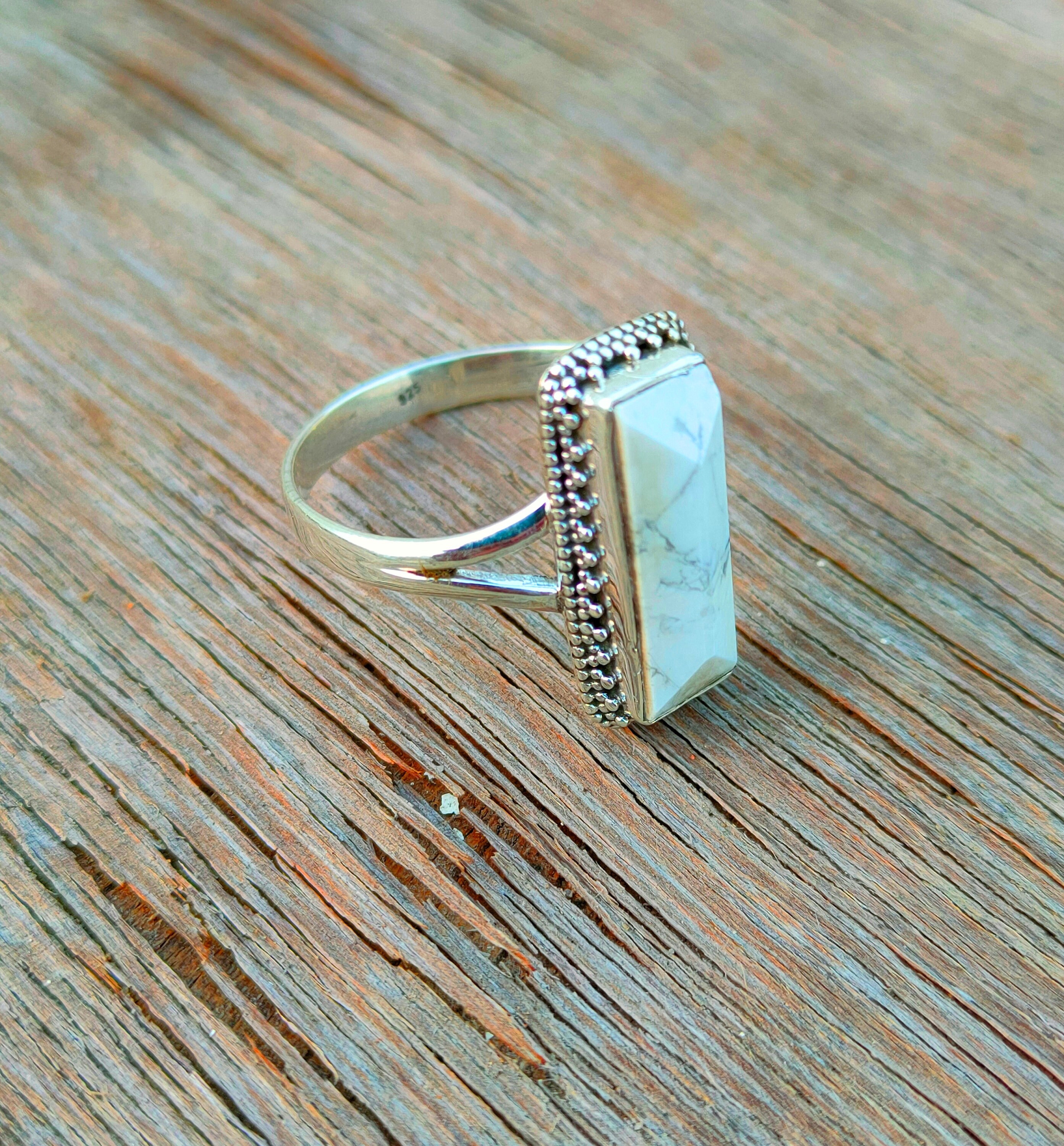 White Howlite Ring 92.5% Silver Ring White Buffalo18x6mm - Etsy