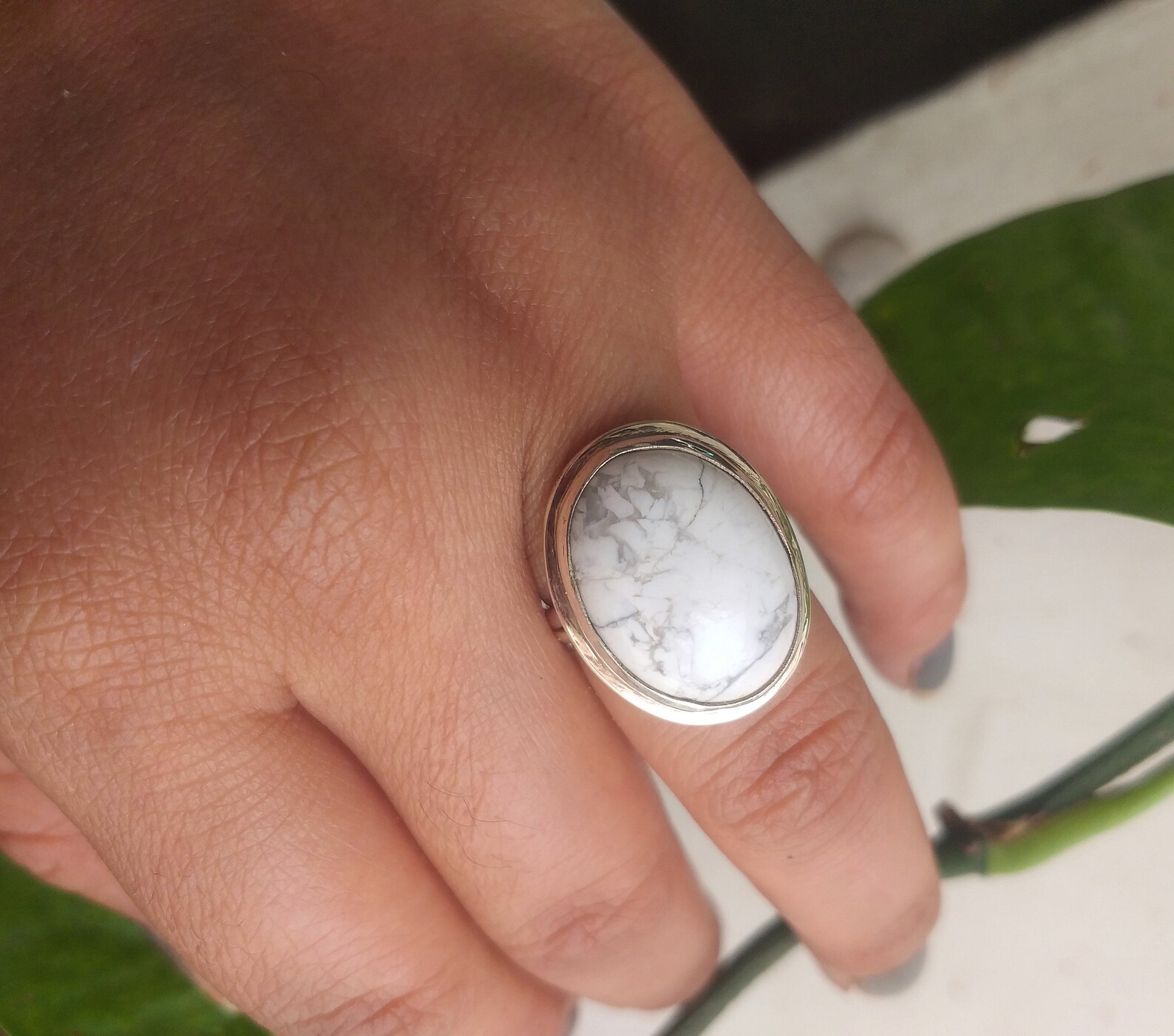 White Howlite Ring 92.5% Silver Ringbig Oval Stone Ring - Etsy