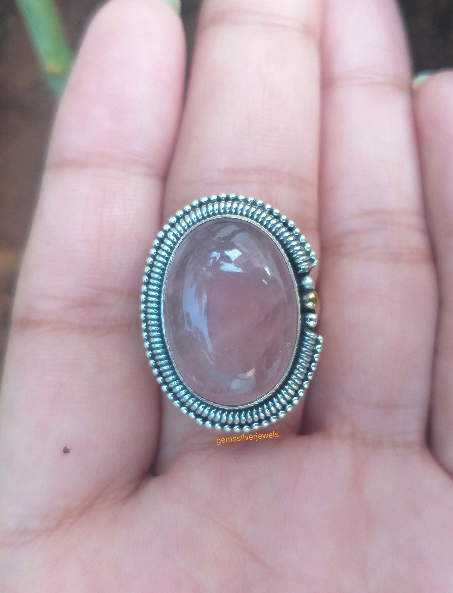 Natural Rose Quartz Ring 92.5% Silver Ring Big Oval stone | Etsy