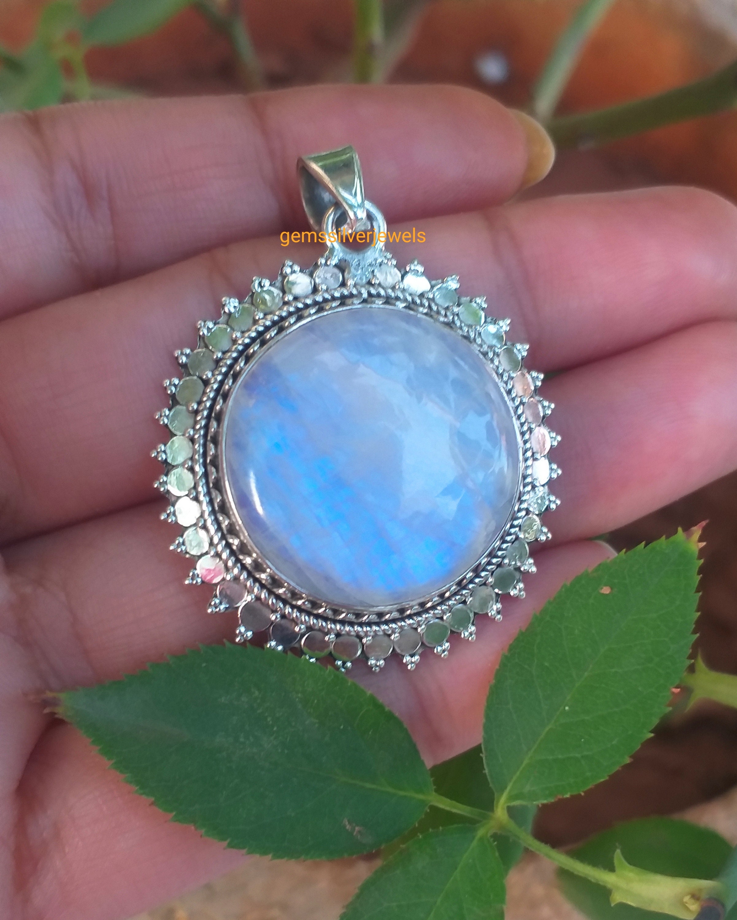 Natural Moonstone Pendant 92.5% Silver Pendant 20MM Round | Etsy