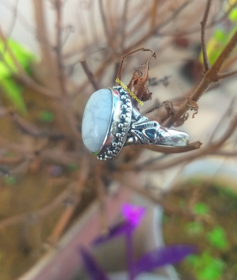 Oval White Howlite Ring: Sterling Silver Boho Cocktail Ring - Etsy