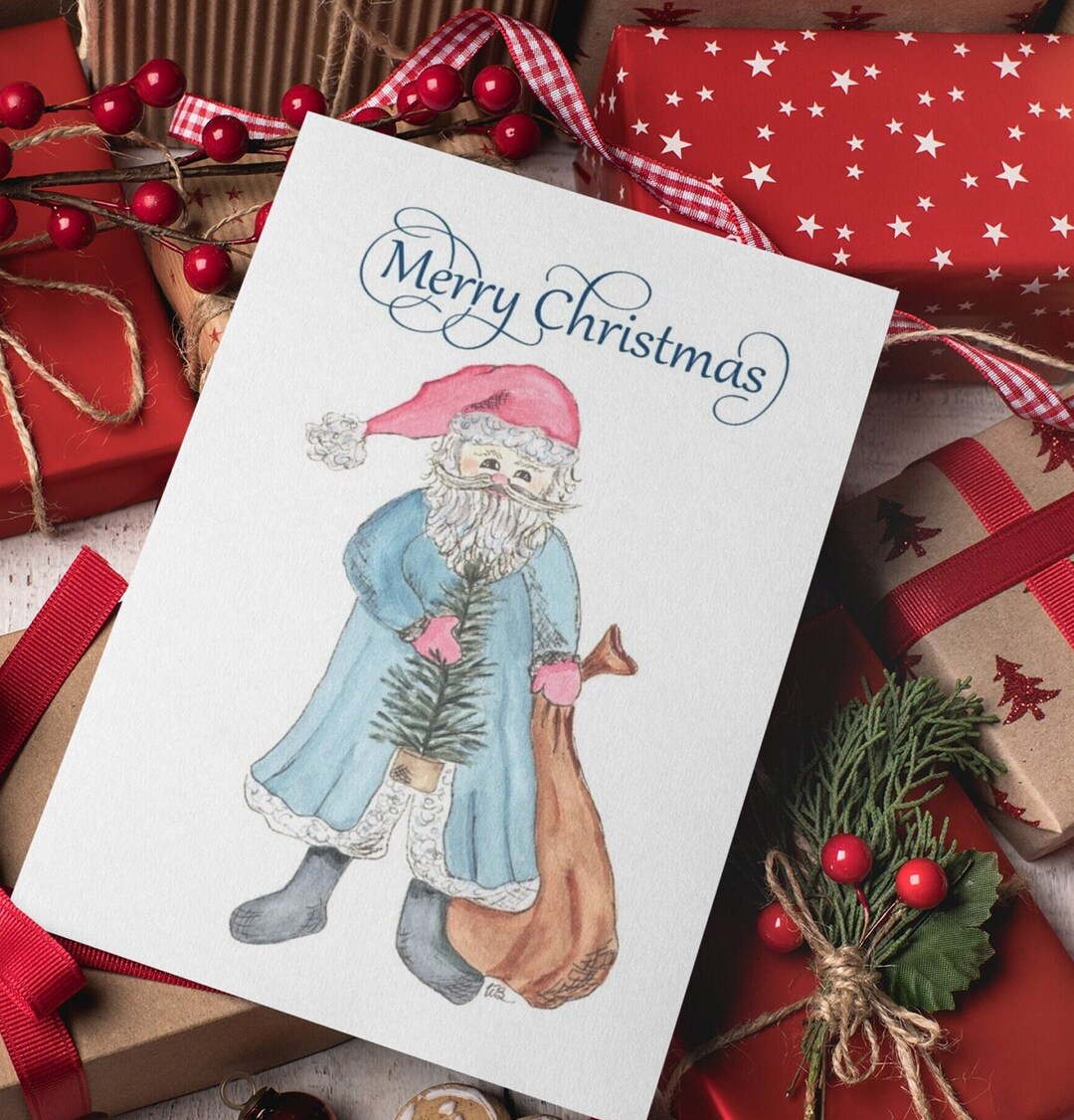 Santa Note Card Set Old World Santa Merry Christmas Watercolor Ink ...