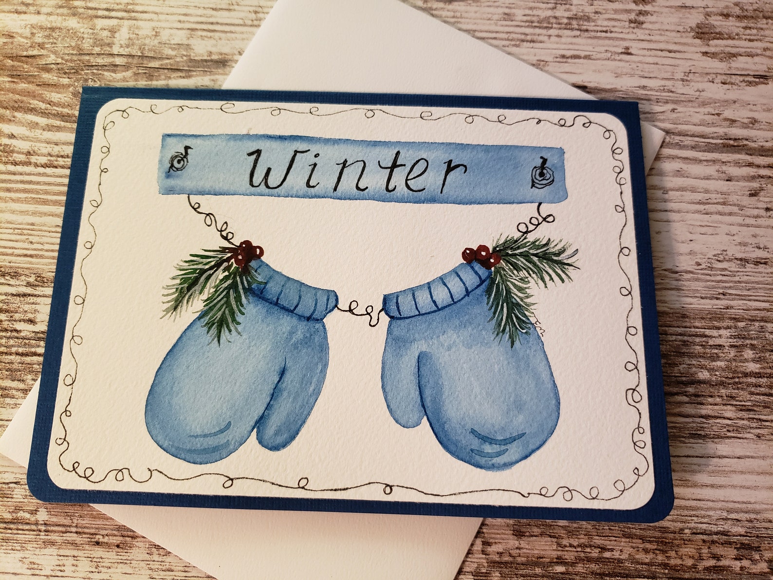 Winter Blue Mittens Original Watercolor and Ink Greeting Card Christmas ...