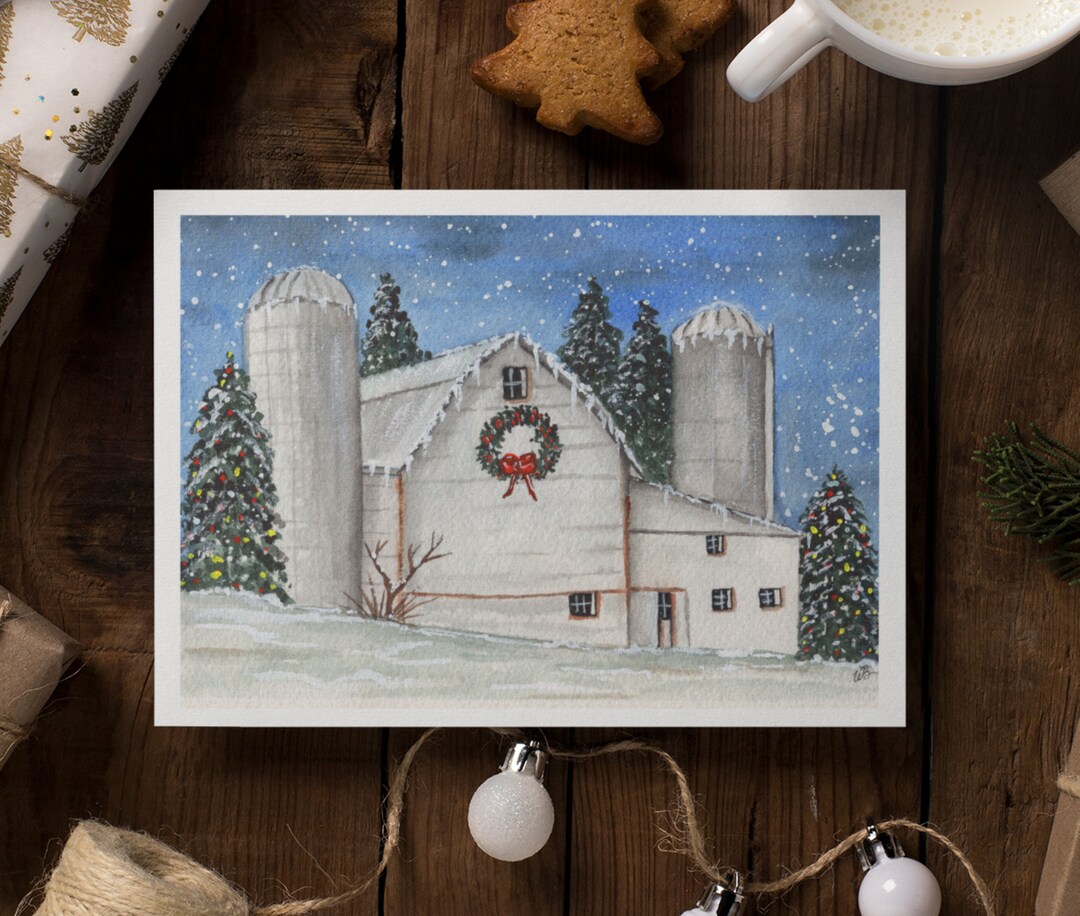 Winter Barn Note Card Set White Barn Rural Farm Scene Silo - Etsy
