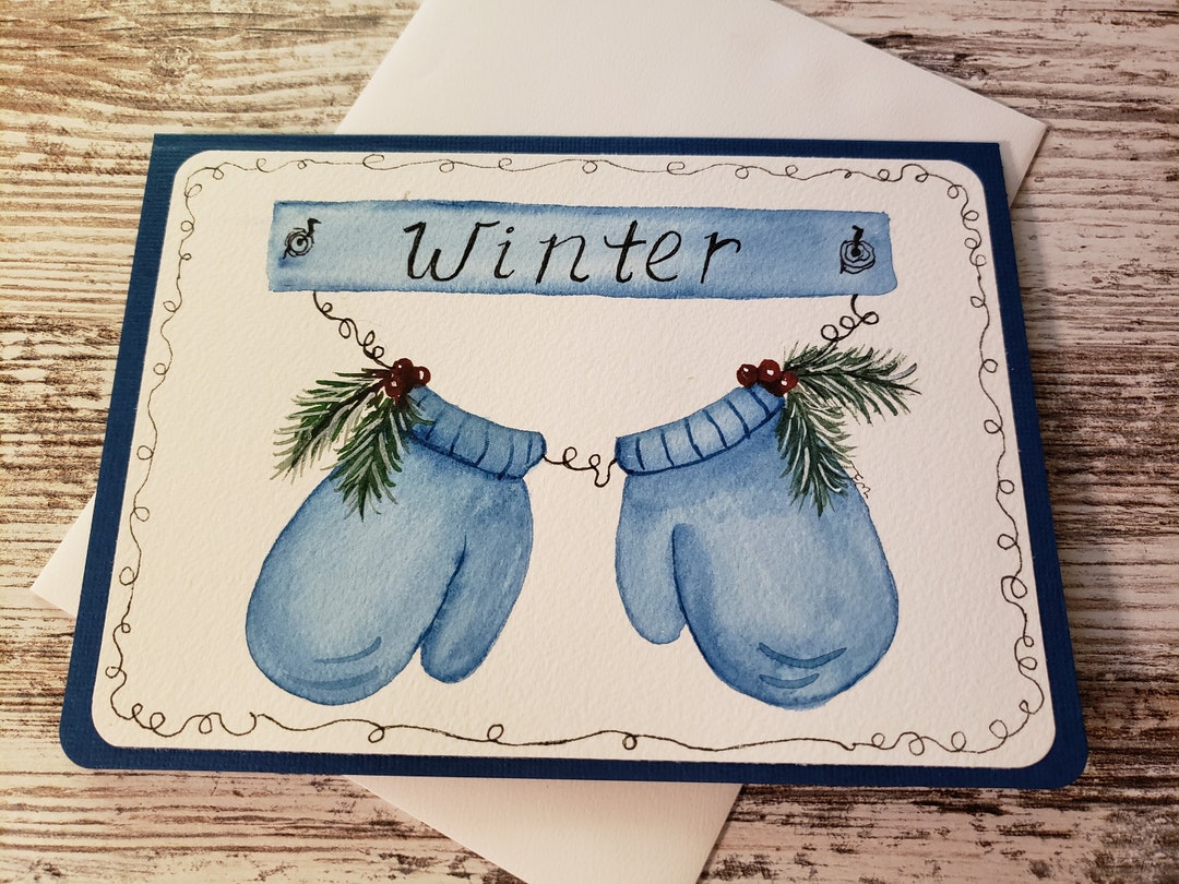 Winter Blue Mittens Original Watercolor and Ink Greeting Card Christmas ...