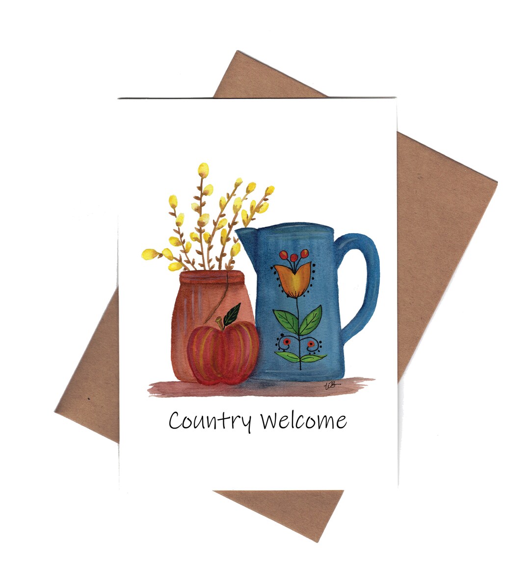 Folk Art Country Welcome Greeting Card | Vase Pitcher Pussy Willow ...