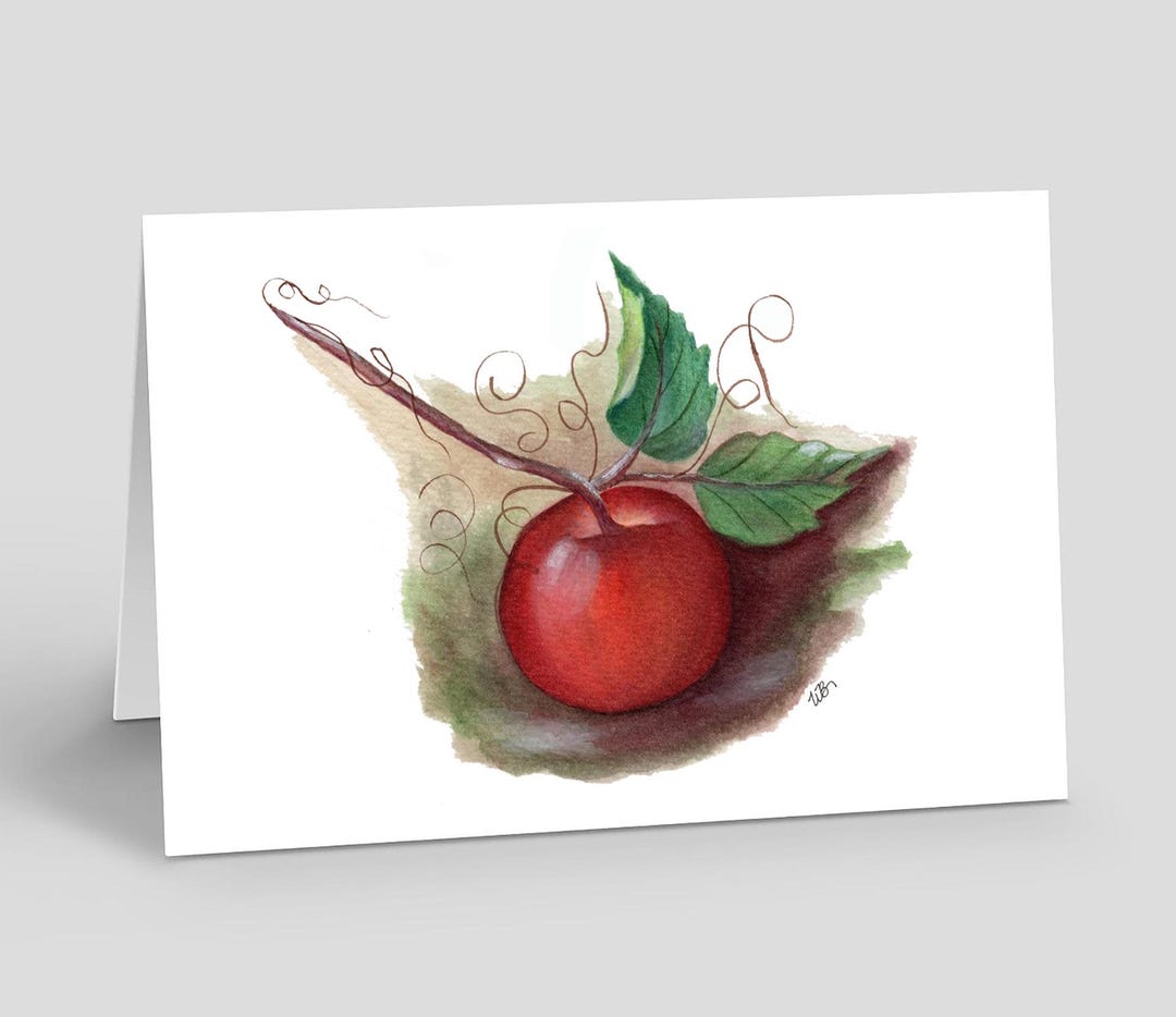 Apple Note Card Set | Red Apple With Leaves on Branch | Watercolor ...