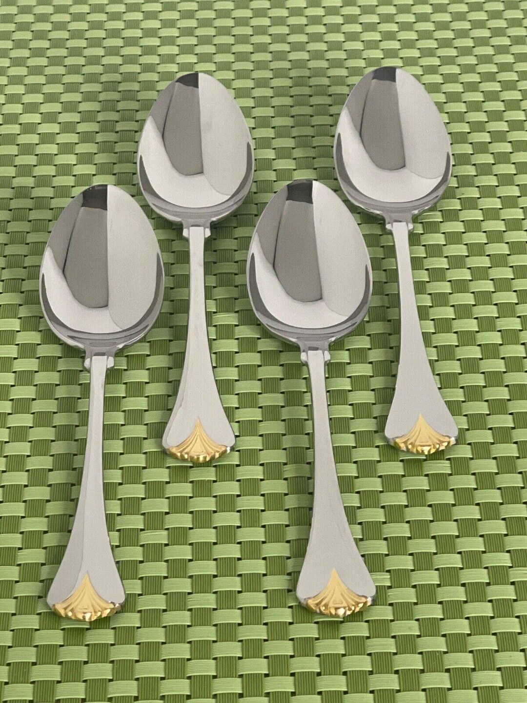 Yamazaki CARA Stainless Gold Accent 4 Oval Soup Spoons Japan Flatware ...