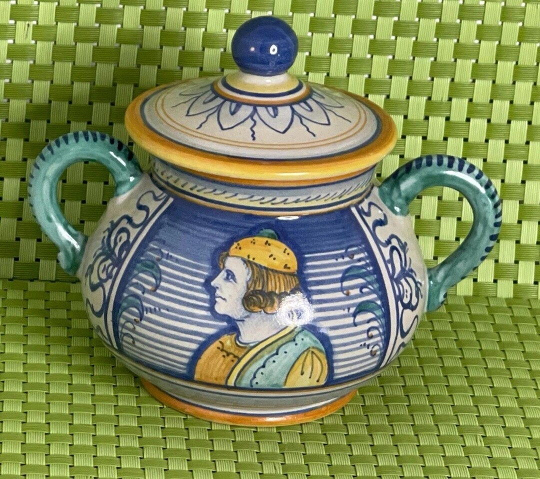 Renaissance Figural DERUTA Sugar Bowl and Lid Handpainted Italian ...