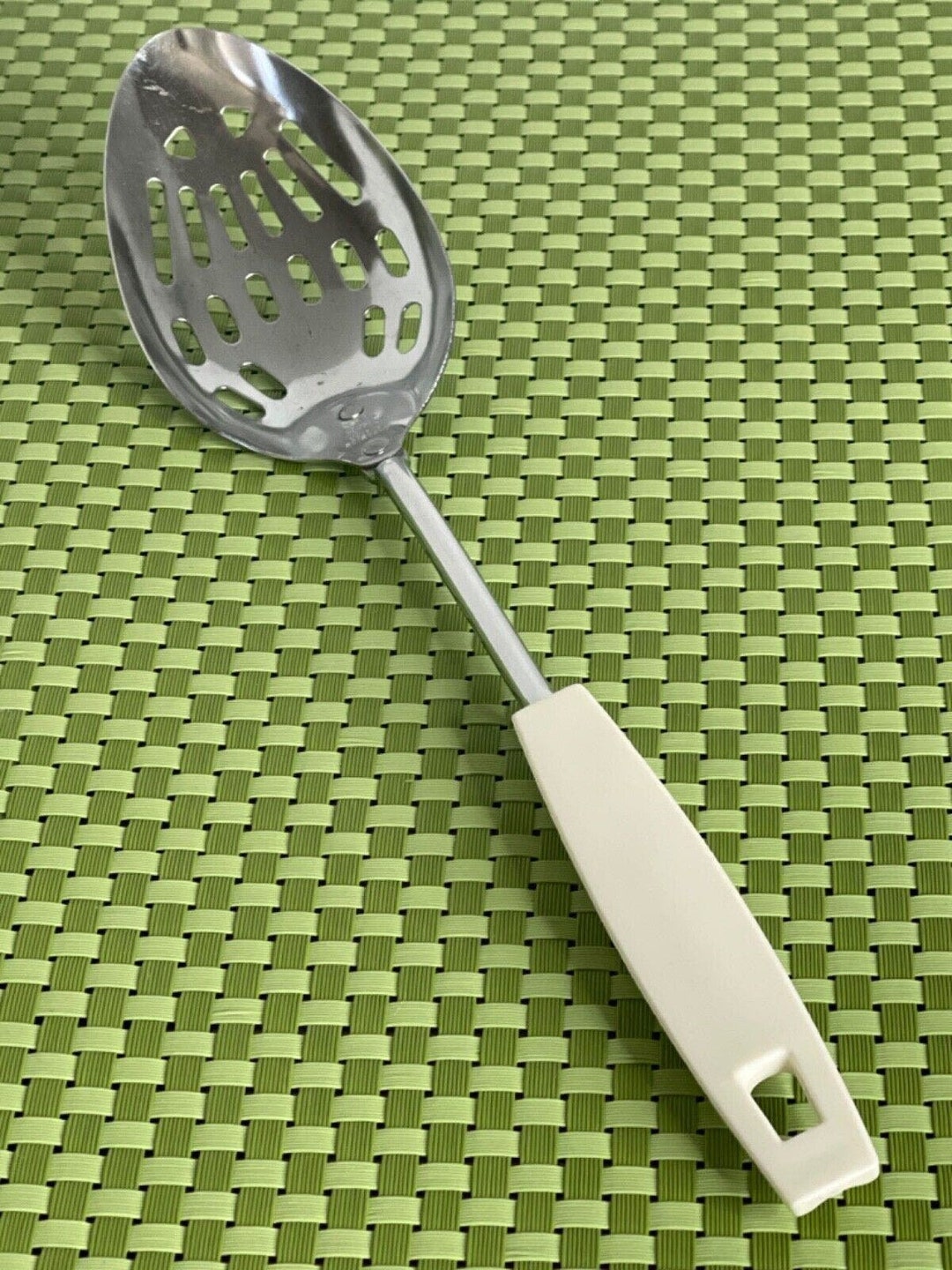 EKCO Chromium Plated Stainless Slotted Serving Spoon White Handle ...