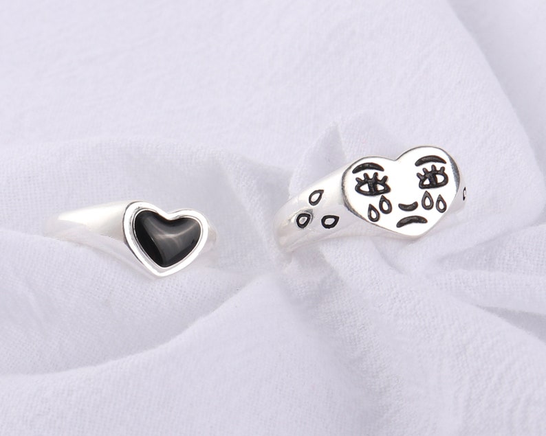 Silver Adjustable Crying Face Ringsad Face & Love Heart - Etsy