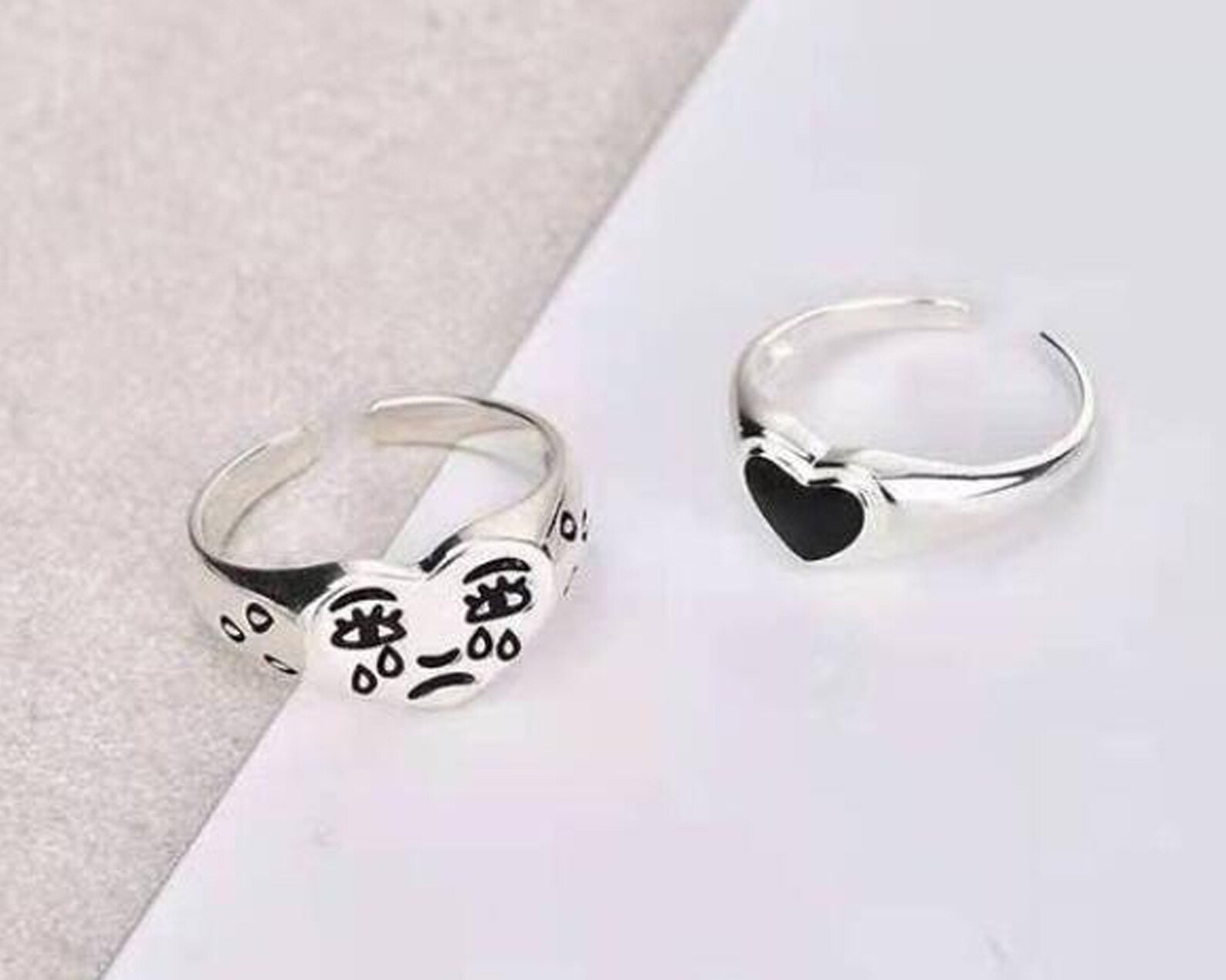 Silver Adjustable Crying Face Ringsad Face & Love Heart - Etsy