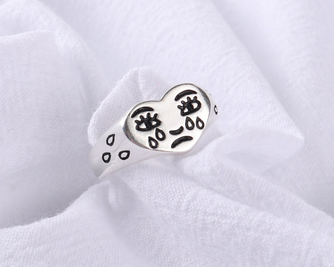 Silver Adjustable Crying Face Ringsad Face & Love Heart - Etsy
