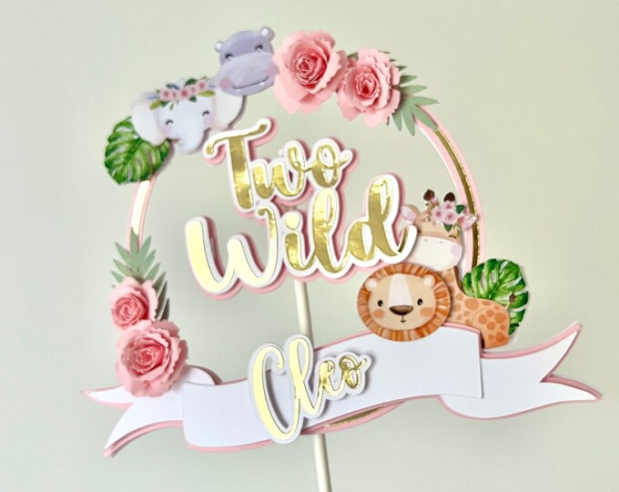 Two Wild 3D Cake Topper, Safari Animals, 2nd Birthday, 3D Flowers ...