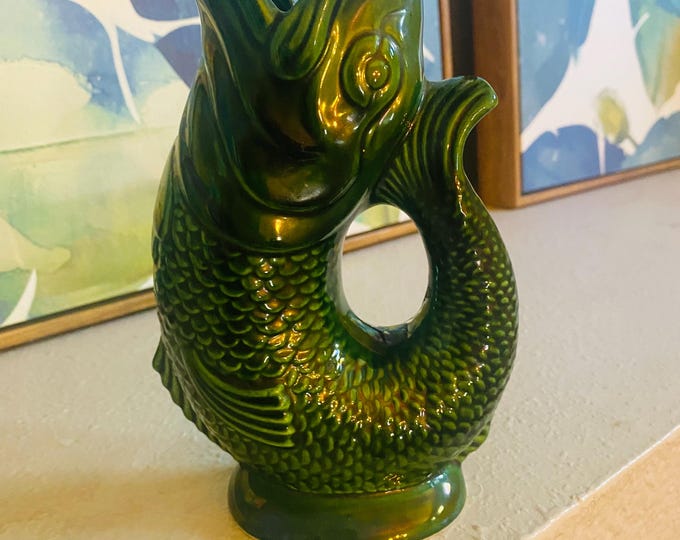 Vintage Dartmouth Pottery Glug Jug Open Mouth Fish Pitcher Vase - Green ...