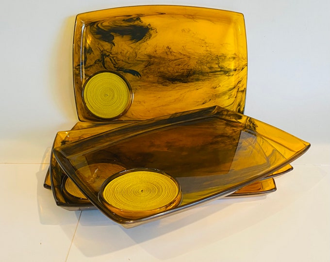Bakelite Snack Trays With Built in Coaster - Faux Tortoise Shell Lucite ...