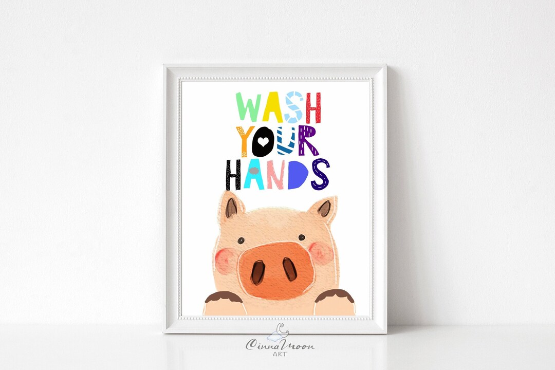 Wash Your Hands-pig-bathroom Prints-bathroom Art-kids Bath-kids ...