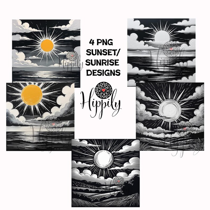 Sunset Linocut Png-sunrise-sun Designs Bundle-sun Ladnscape-digital ...