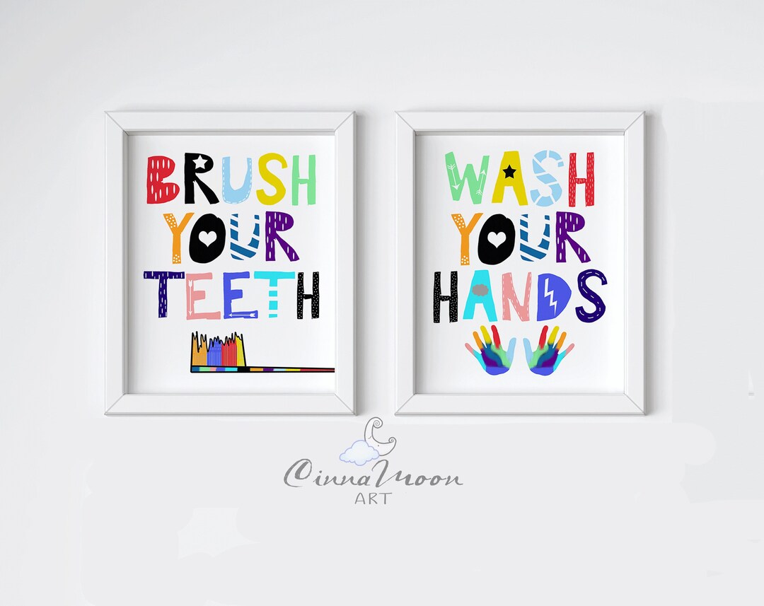 Brush Your Teeth-wash Your Hands-kids Bathroom Prints-kids Bathroom ...
