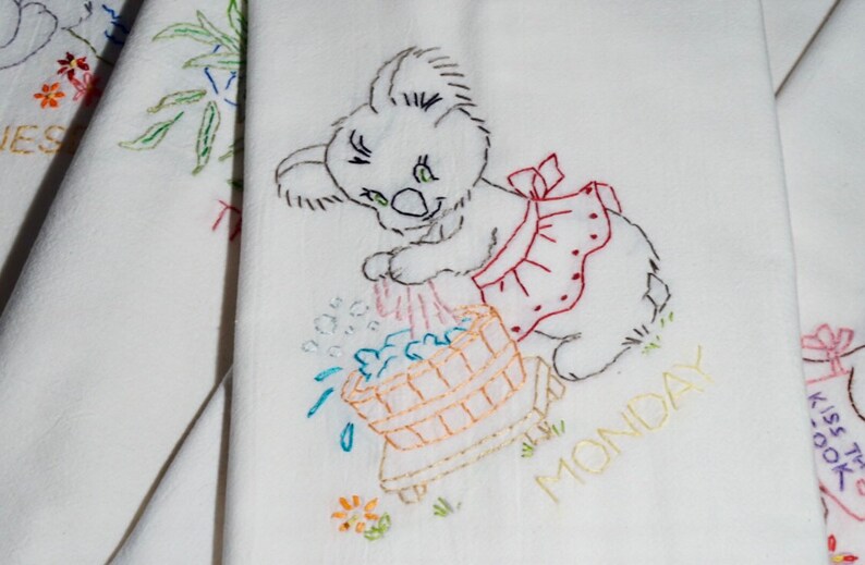 KOALA Hand Embroidered Tea Towels Flour Sack - KOALA, Set of 7 - Days ...