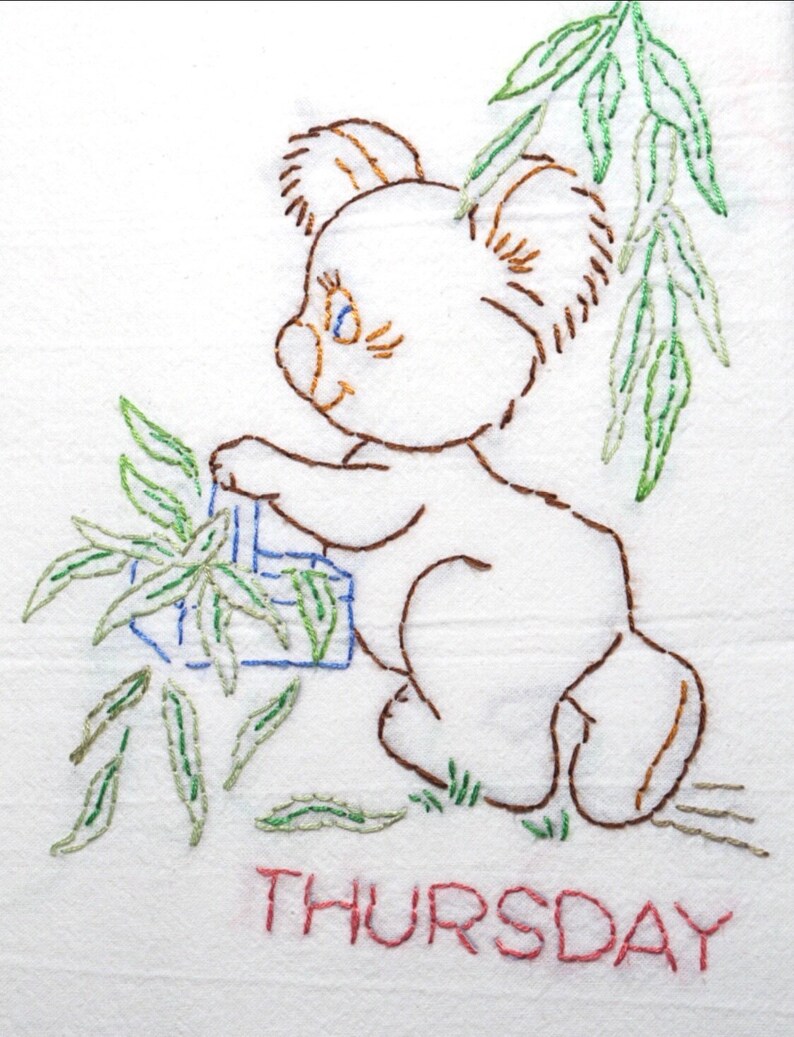 KOALA Hand Embroidered Tea Towels Flour Sack - KOALA, Set of 7 - Days ...