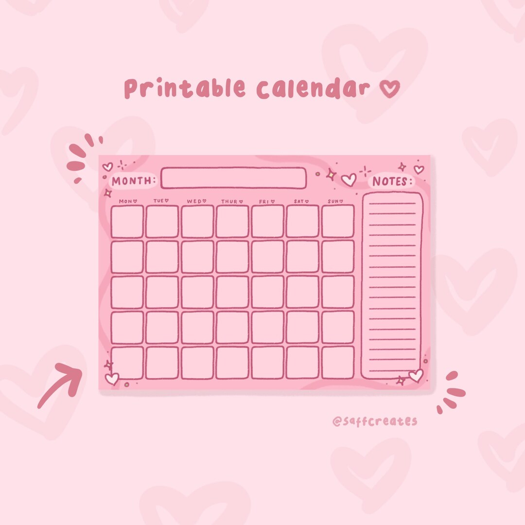 Pink Monthly Calendar Printable – Planner Organizer (PDF & PNG) - Etsy