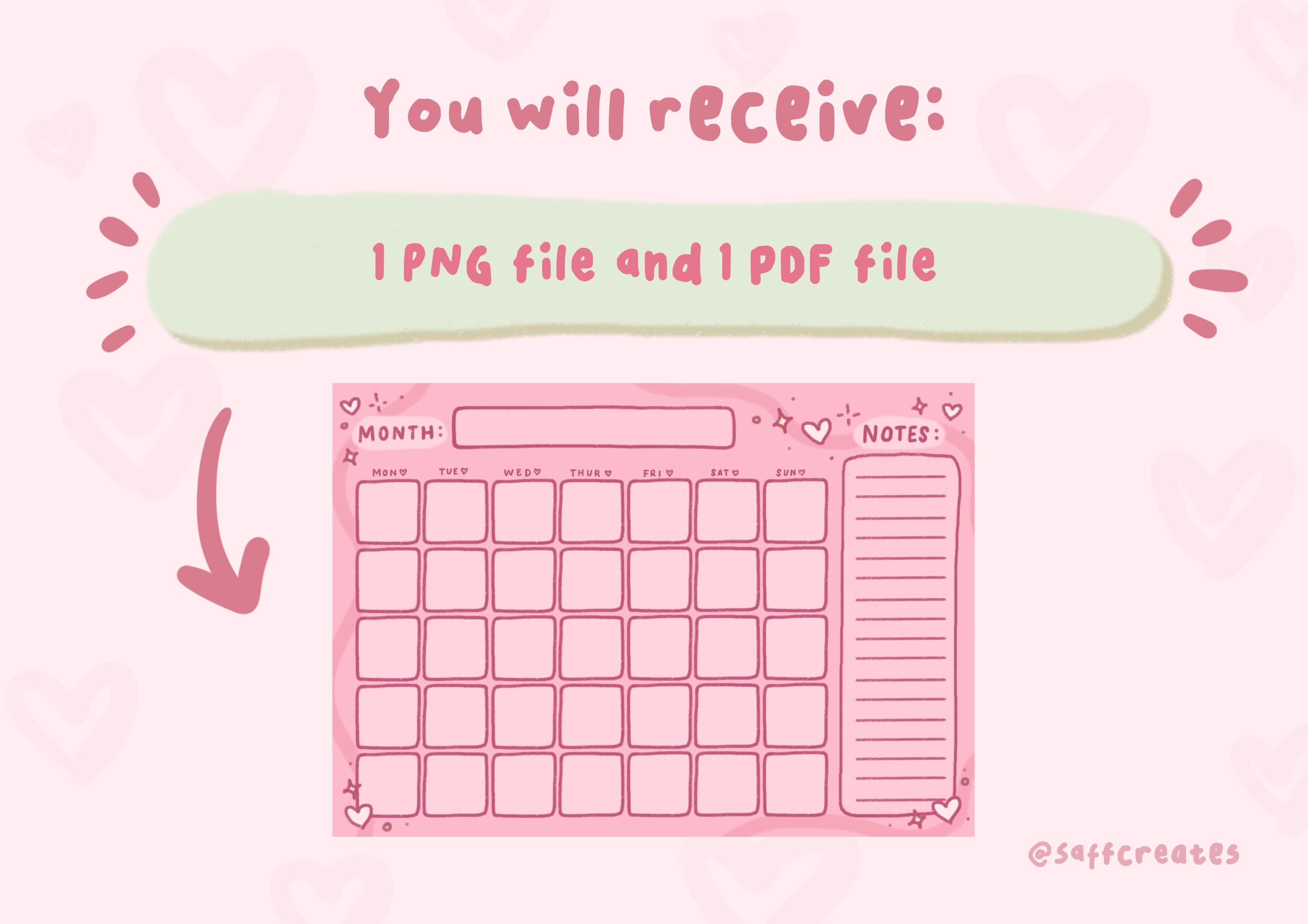 Pink Monthly Calendar Printable – Planner Organizer (PDF & PNG) - Etsy