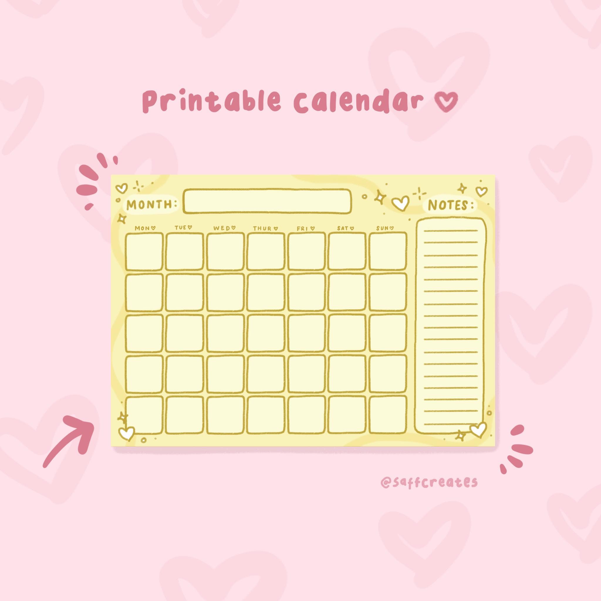 Yellow Monthly Calendar Printable - Cute Organiser Planner Sheet PDF ...