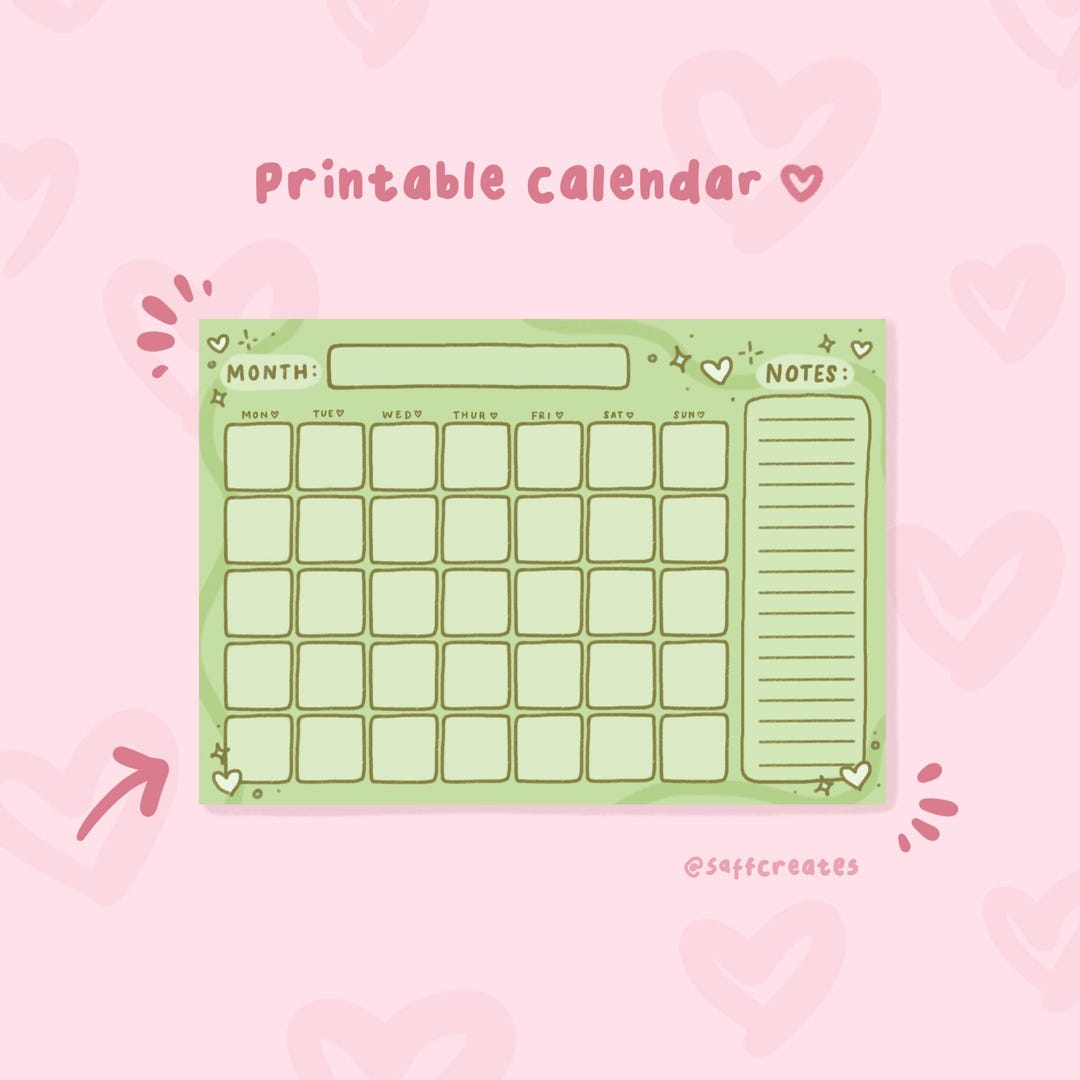 Pastel Green Monthly Calendar Printable: A6-A4 PDF & PNG (digital ...