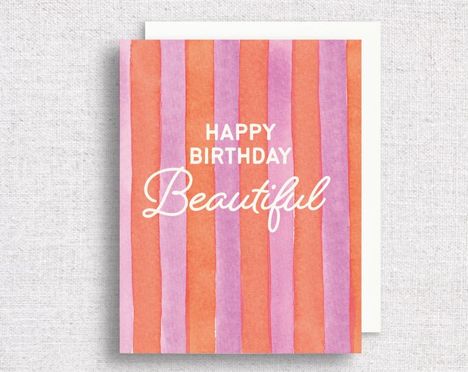 Happy Birthday Beautiful Greeting Card | Striped Happy Birthday Card ...