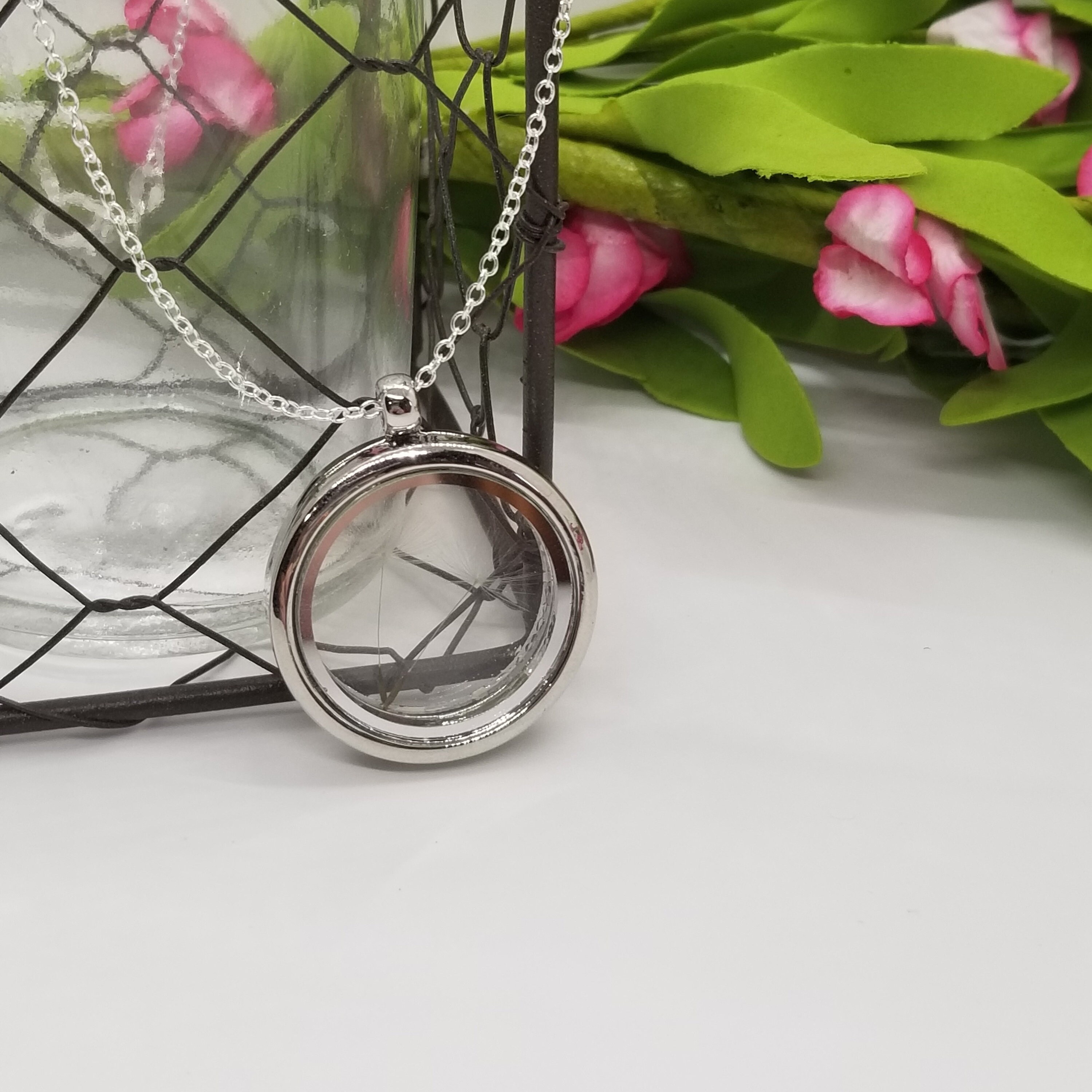 Dandelion Silver Floating Locket Necklace on a Dainty Silver Plated ...
