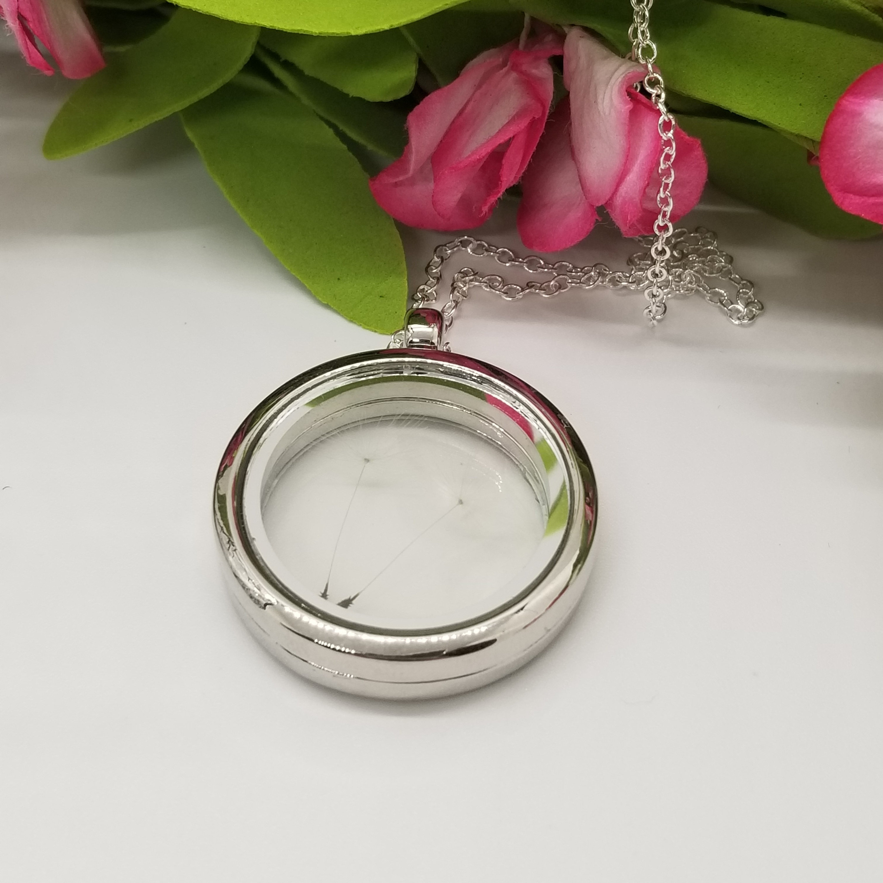 Dandelion Silver Floating Locket Necklace on a Dainty Silver Plated ...