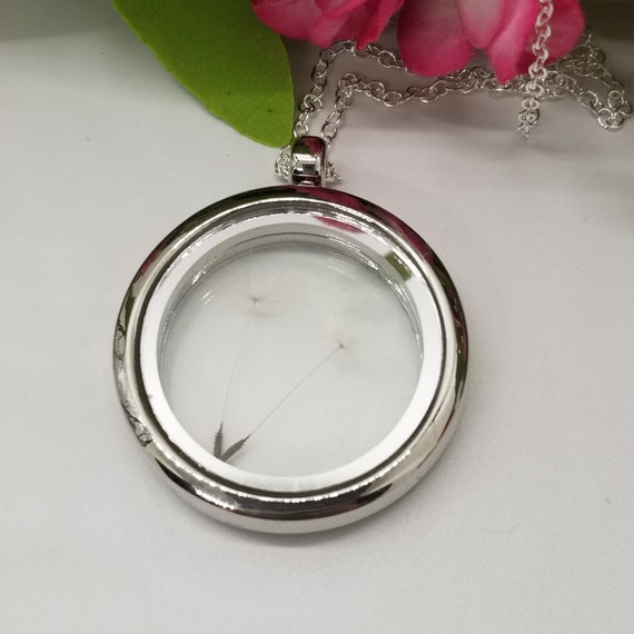 Dandelion Silver Floating Locket Necklace on a Dainty Silver | Etsy