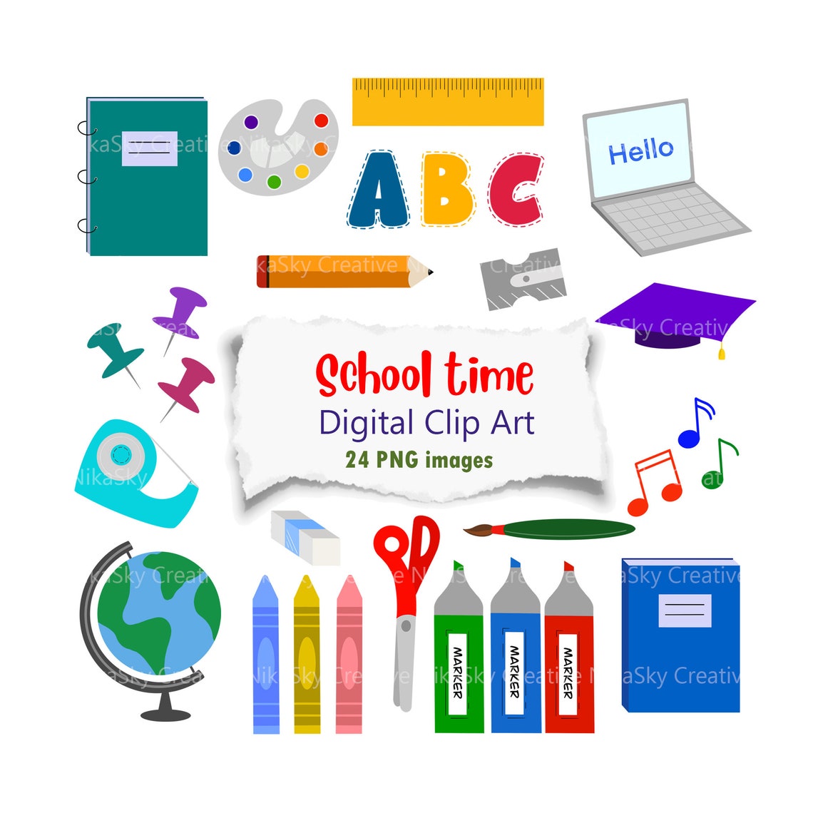 School time Back to School School Supplies clipart | Etsy