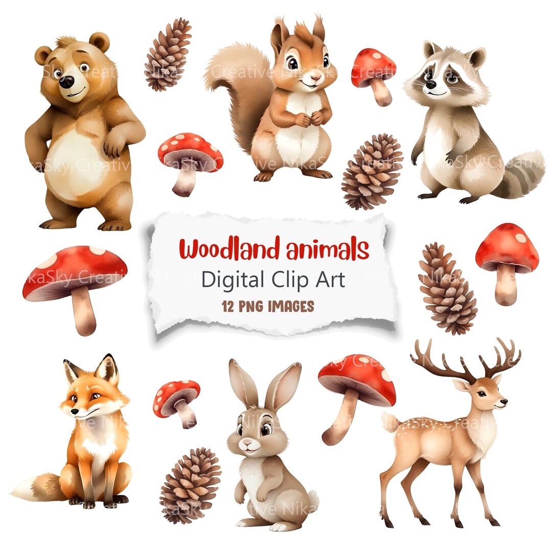Woodland Animals Clipart, Watercolor Clipart - PNG Vector Download - Etsy